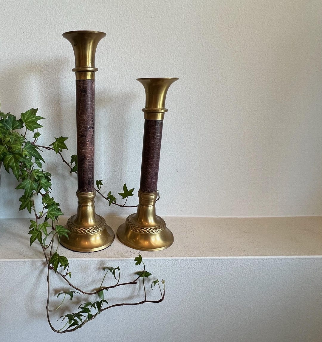 Vintage Brass & Leather Candlesticks • Mid Century Candle Holders ...