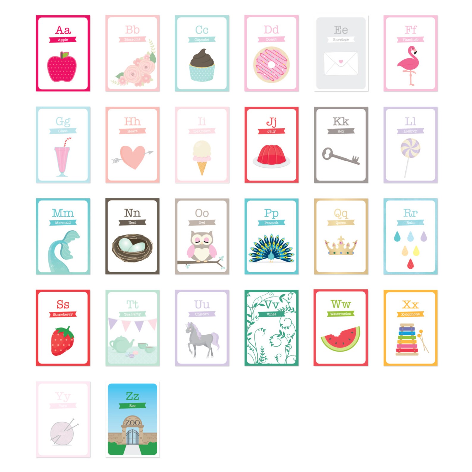 Alphabet Flash Cards Hearts Ice Creams & Unicorns | Etsy