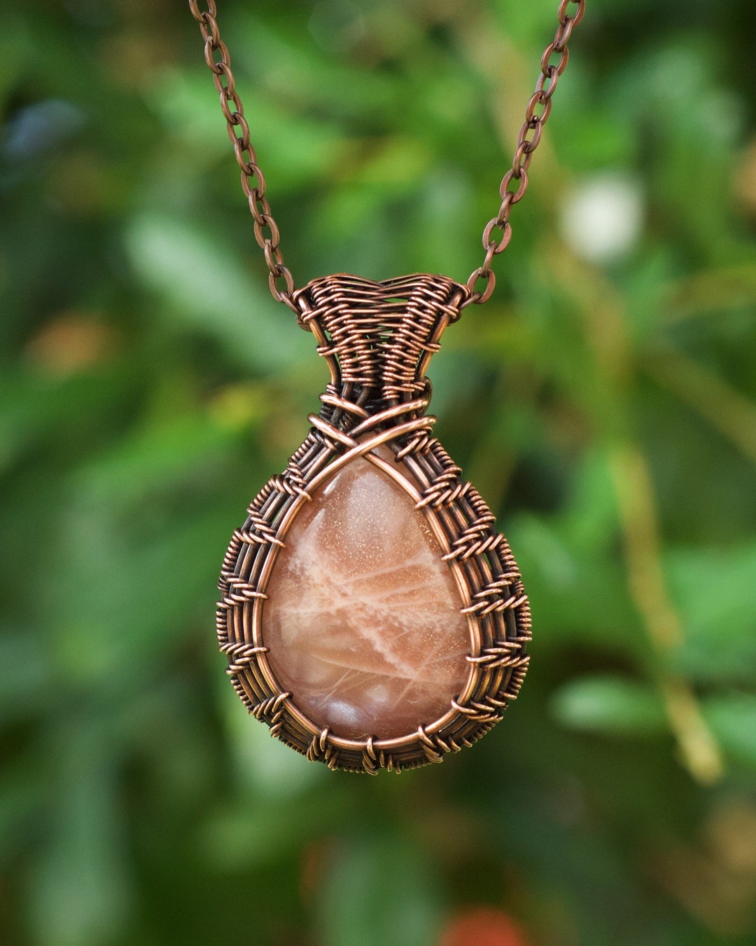 Peach Moonstone Pure Copper Pendant Hand Woven Copper Wire Earthy ...