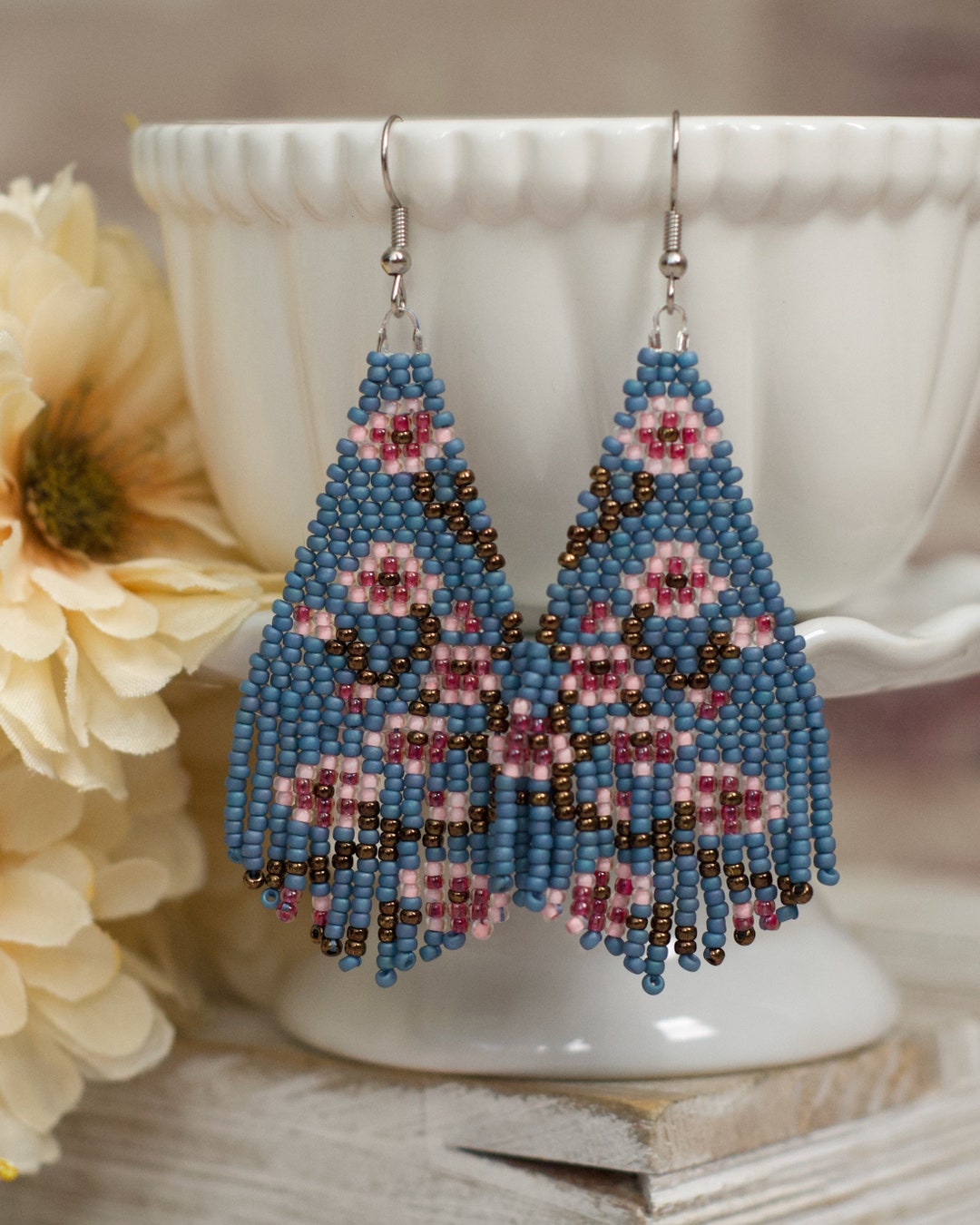 Blue Pink Japanese Cherry Blossom Short Fringe Earrings Delicate ...