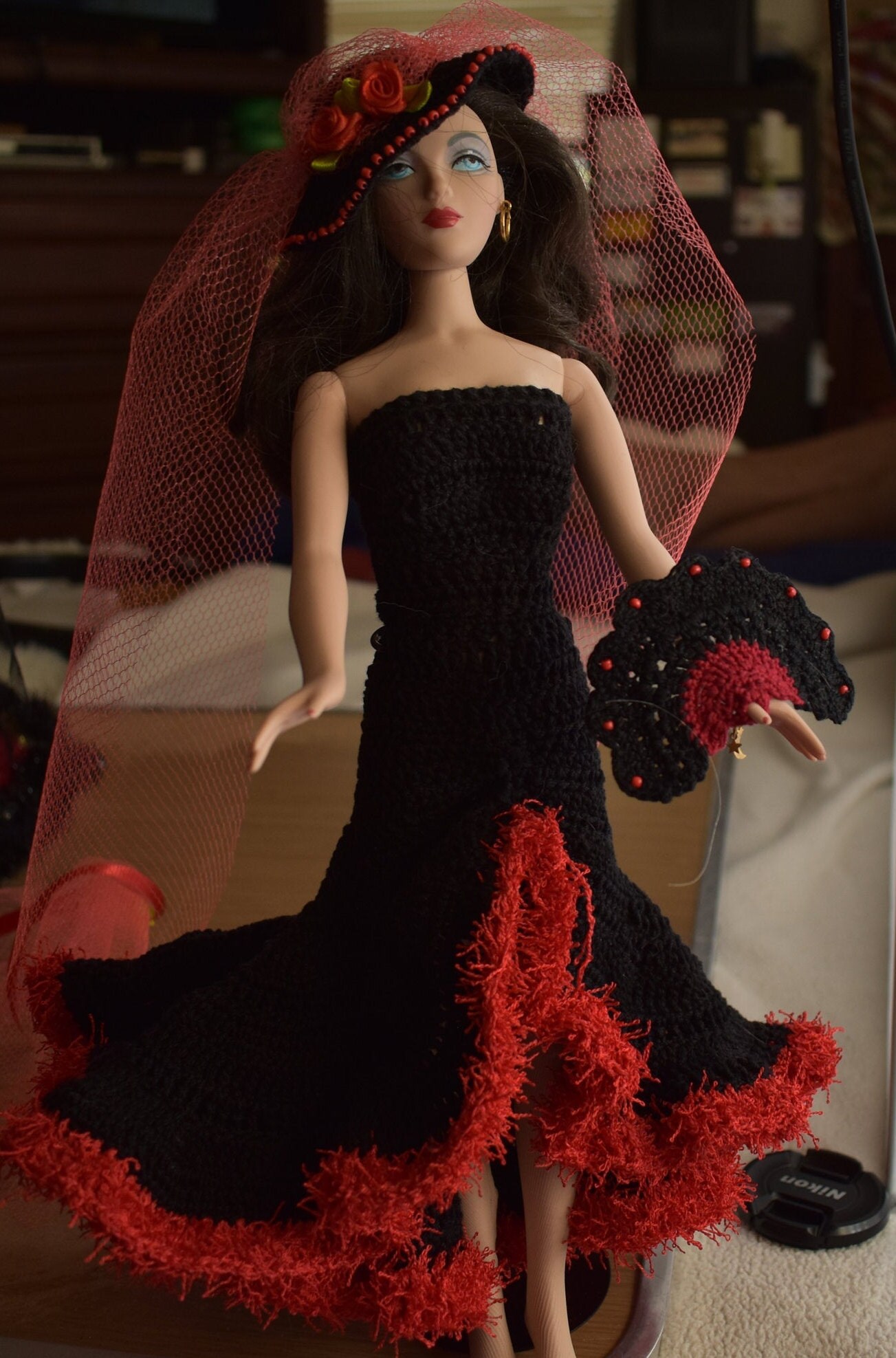 Gene Doll Fashion 15" Gown/hat, Fan Crocheted and Sewn RED/BLACK ...