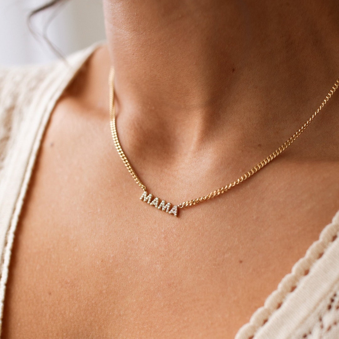 Pavé Mama Necklace With Curb Chain by Gracepersonalized - Mama Pendant ...
