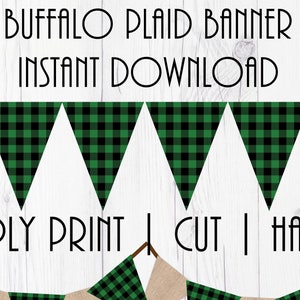 Printable Buffalo Plaid Banner, Plain Green and Black Buffalo Check ...