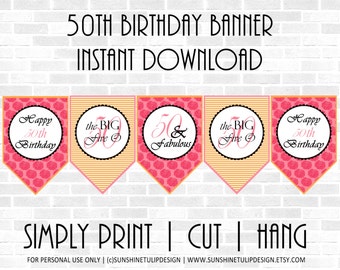 Printable 50th Birthday Banner 50th Gold and Black Chevron | Etsy