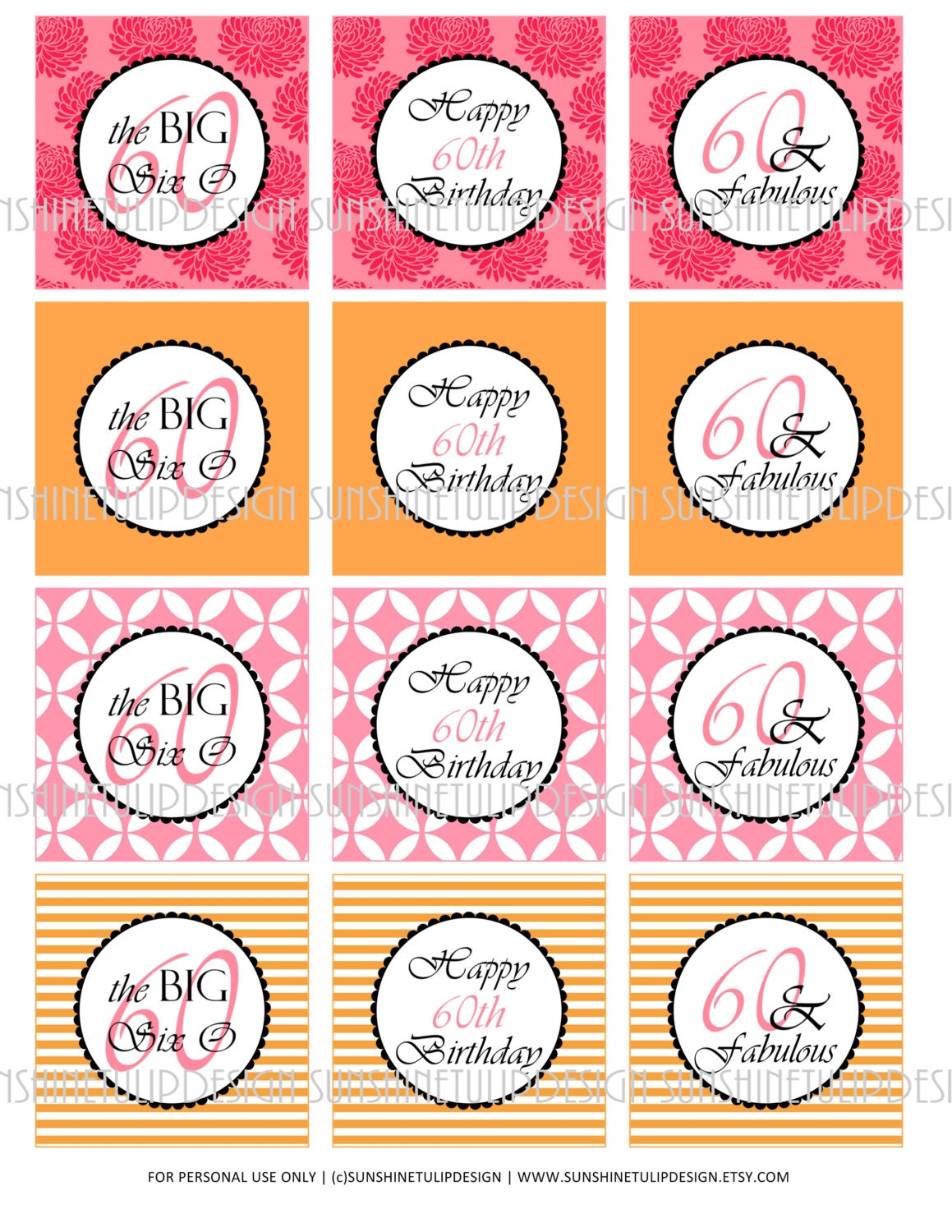 60th Birthday Printable DIY Party Tags and Cupcake Toppers by - Etsy