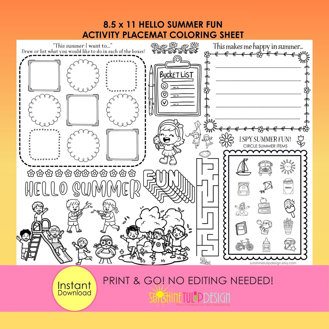 Hello Summer Activity Placemat Printable, Kids Summer Bucket List ...
