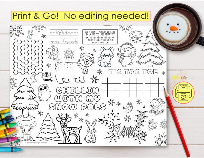 Winter Animals Activity Placemat | Snow Pals Kids Printable | Winter ...