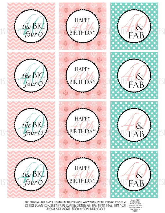 40th Birthday PRINTABLE Light Pink and Aqua Cupcake Toppers Sticker ...