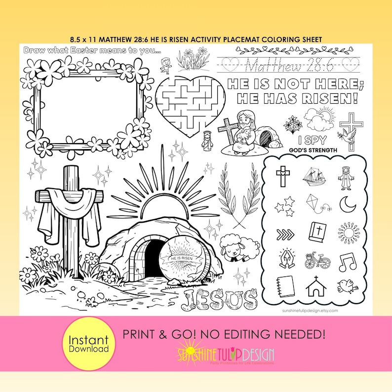 He is Risen Activity Placemat | Matthew 28:6 Printable | Christian ...