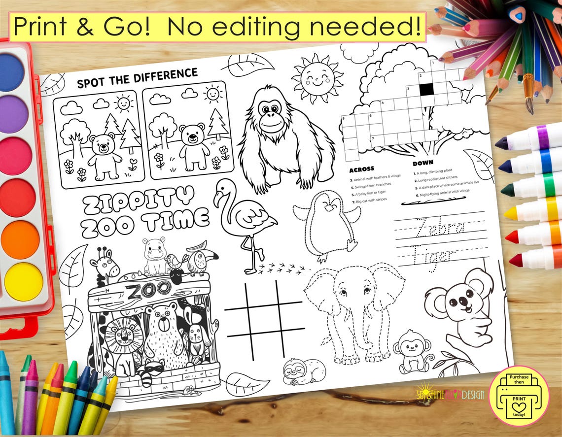 Printable Activity Placemat | Zoo Coloring Placemat | Dinner Table ZOO ...