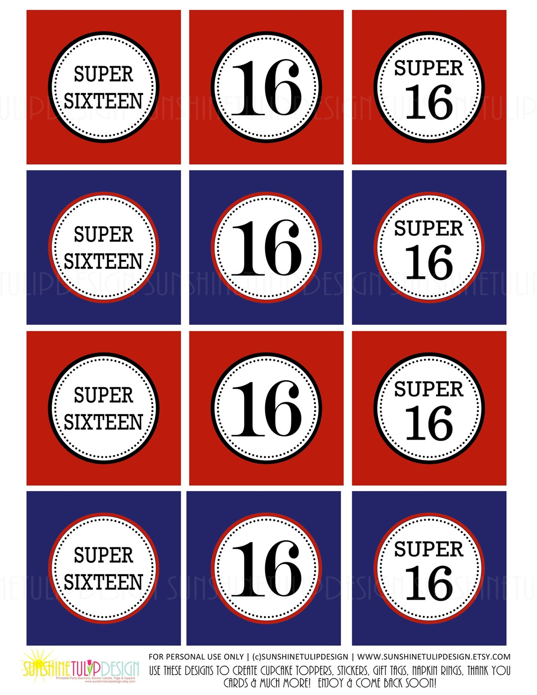 Printable Super 16 Birthday, Printable Red and Blue Cupcake Toppers ...