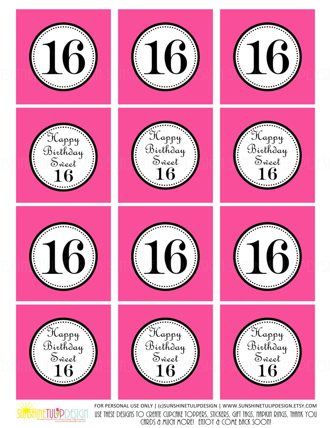 Printable Sweet 16 Hot Pink Birthday Cupcake Toppers and Party - Etsy
