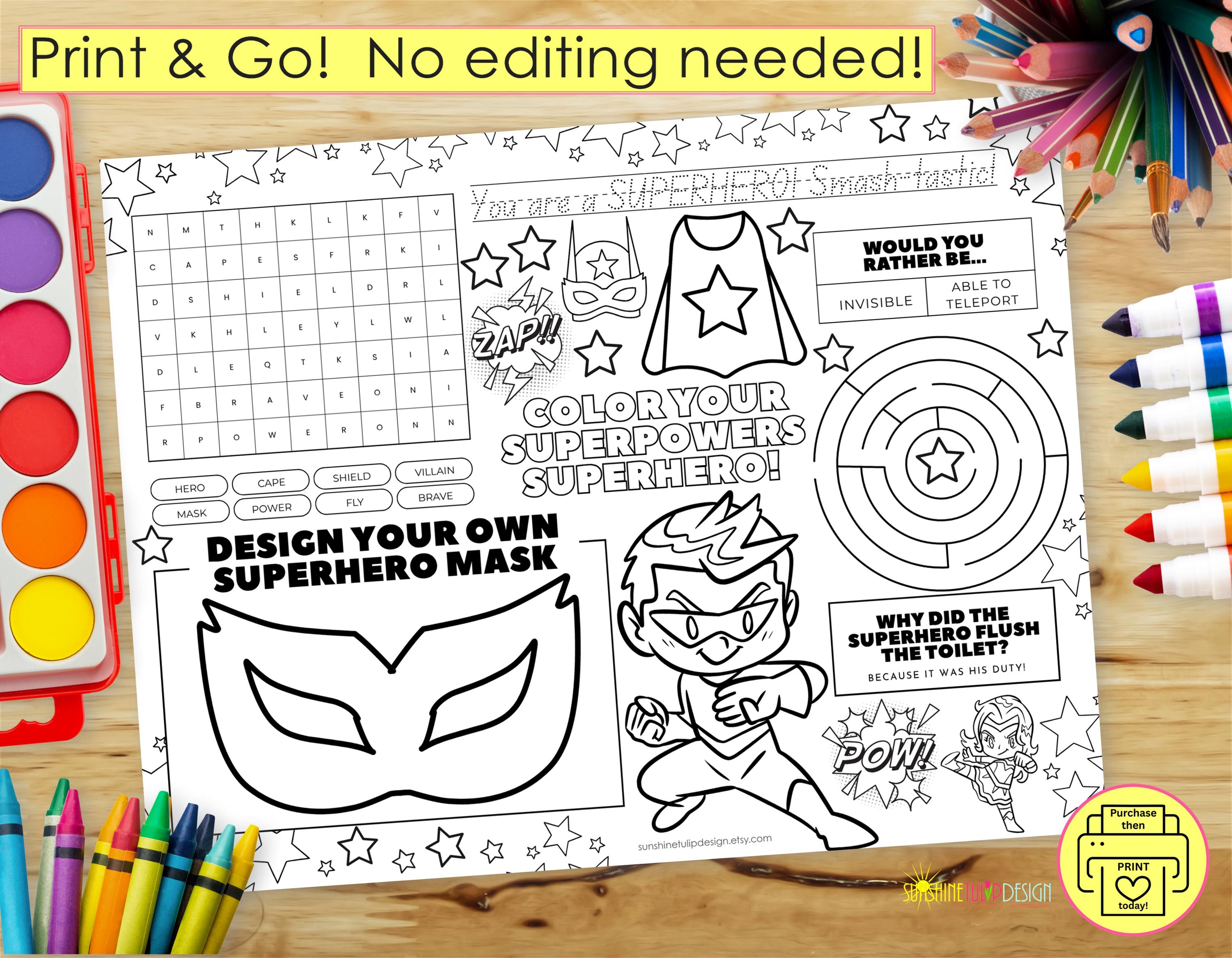 Printable Activity Placemat | Superhero Coloring Sheet | Superhero Kids ...