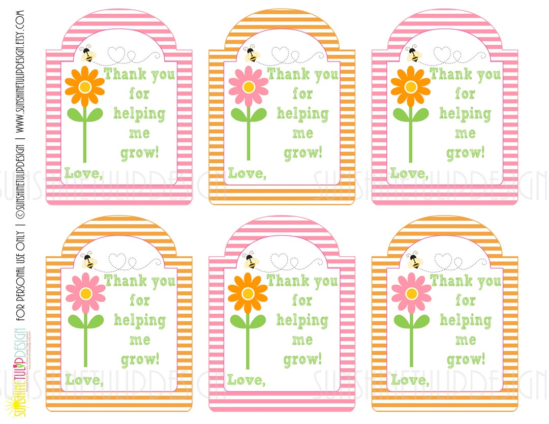 Printable Teacher Appreciation Gift Tags, Thank You for Helping Me Grow ...