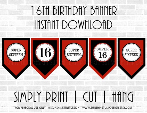 Printable Super 16 Birthday Banner, Super Sixteen Birthday Banner, Red ...