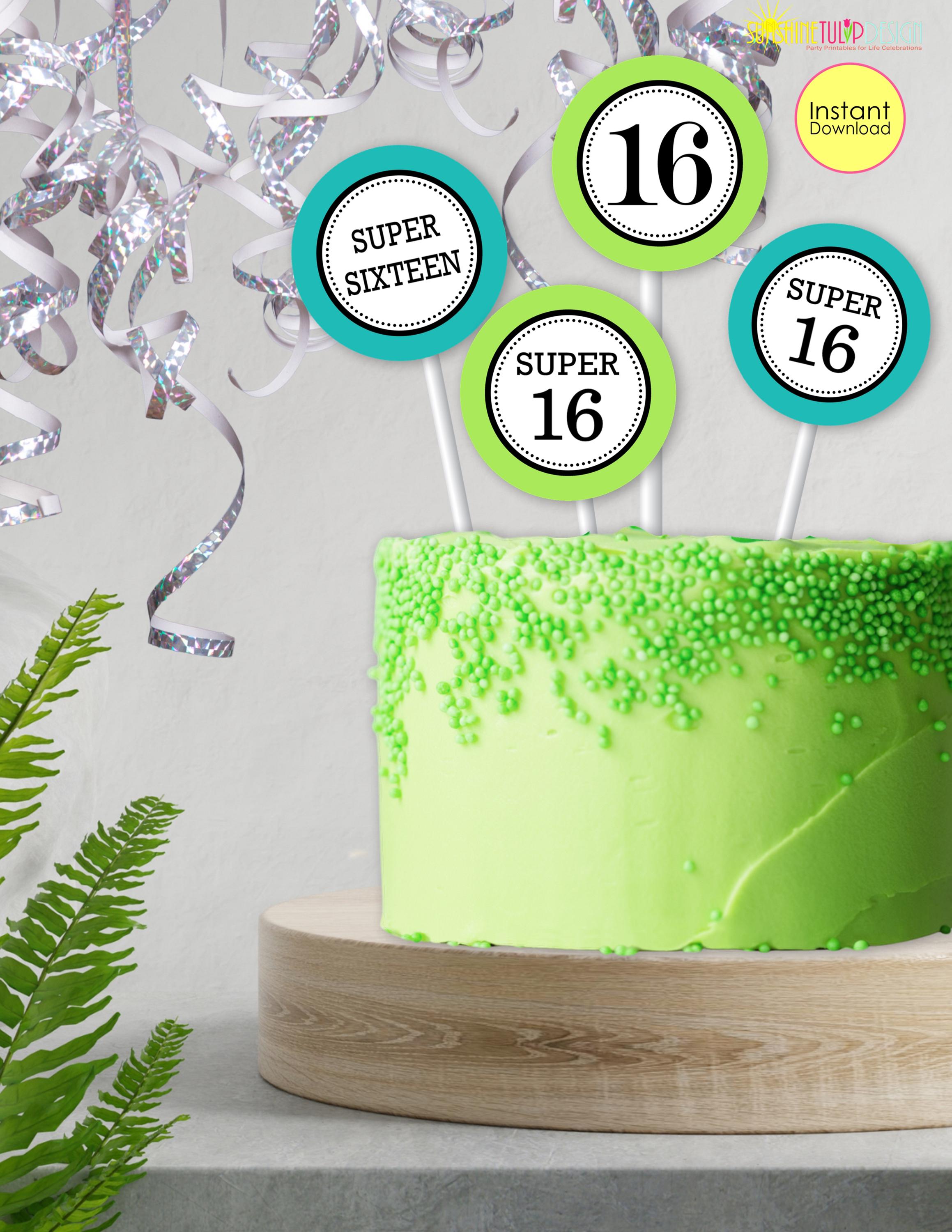 Super 16 Cupcake Toppers | Super Sixteen Party Favor Tags | 16th ...