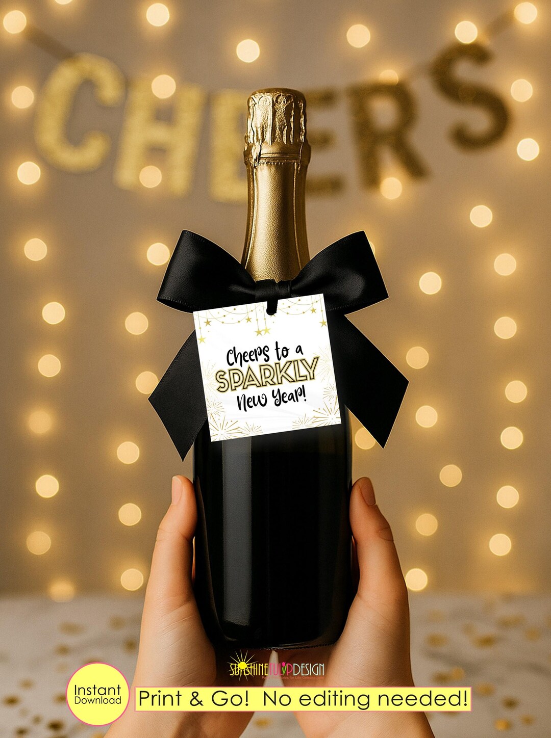 Cheers to a Sparkly New Year Tag, NYE Printable Favor, Champagne Gift ...