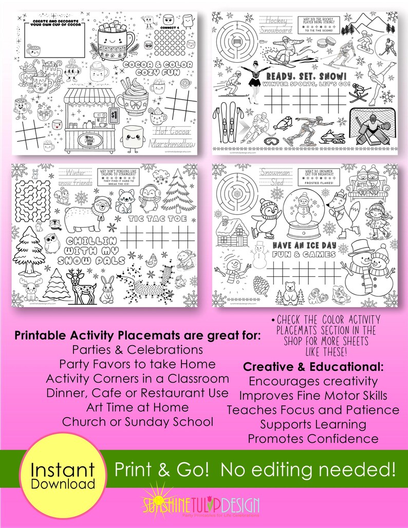 Winter Activity Placemat Bundle for Kids | 4 Printable Coloring & Games ...