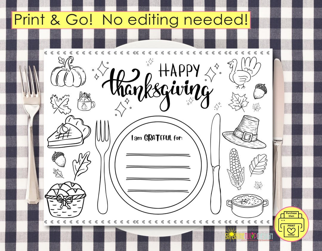 Thanksgiving Activity Placemat for Kids • Grateful Coloring Sheet ...
