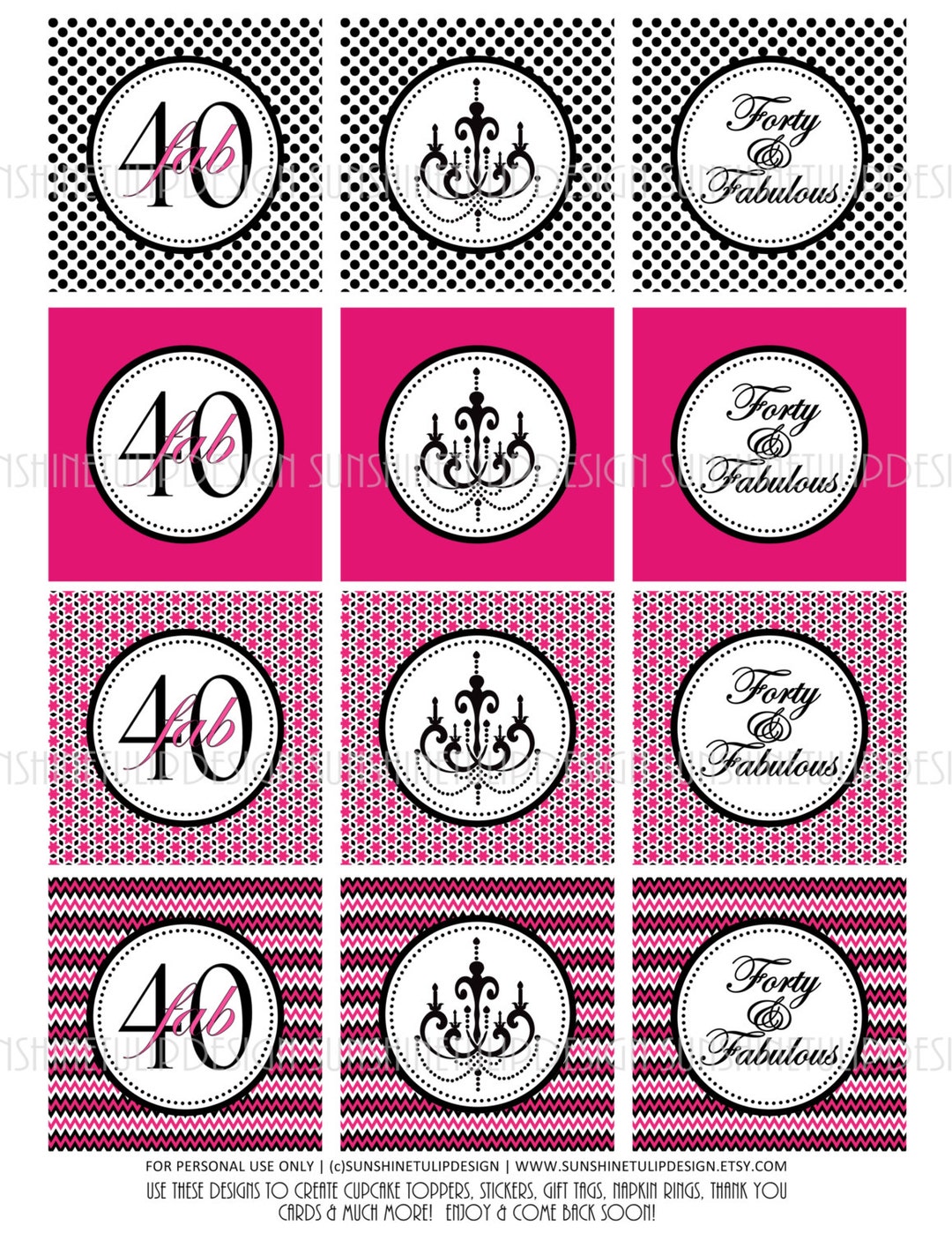 Printable 40th Birthday Cupcake Toppers, Pink and Black Chandelier ...