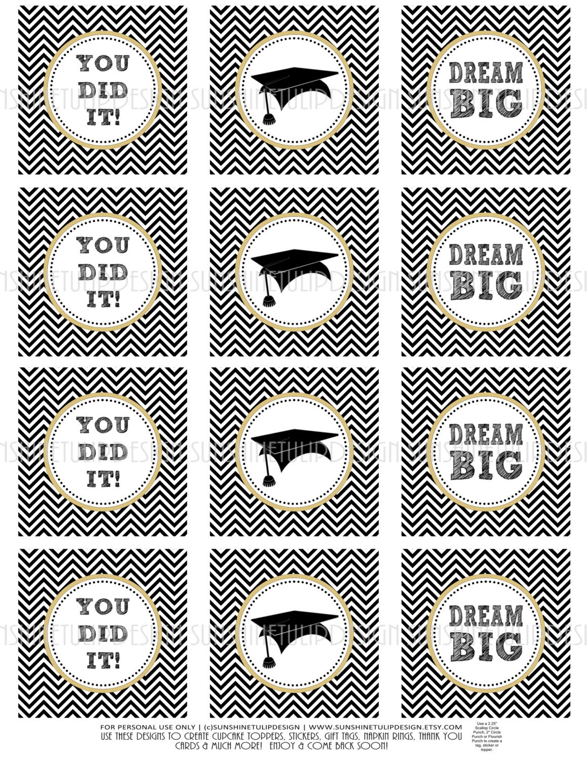 Printable Graduation Cupcake Toppers, Graduation Gift Tags, Black and ...