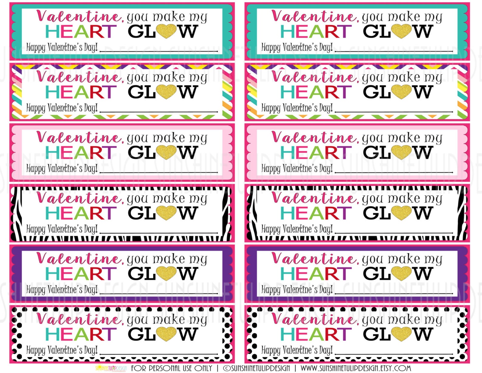 Printable Valentines Day Glow Stick Valentine Tags, You Make My Heart ...
