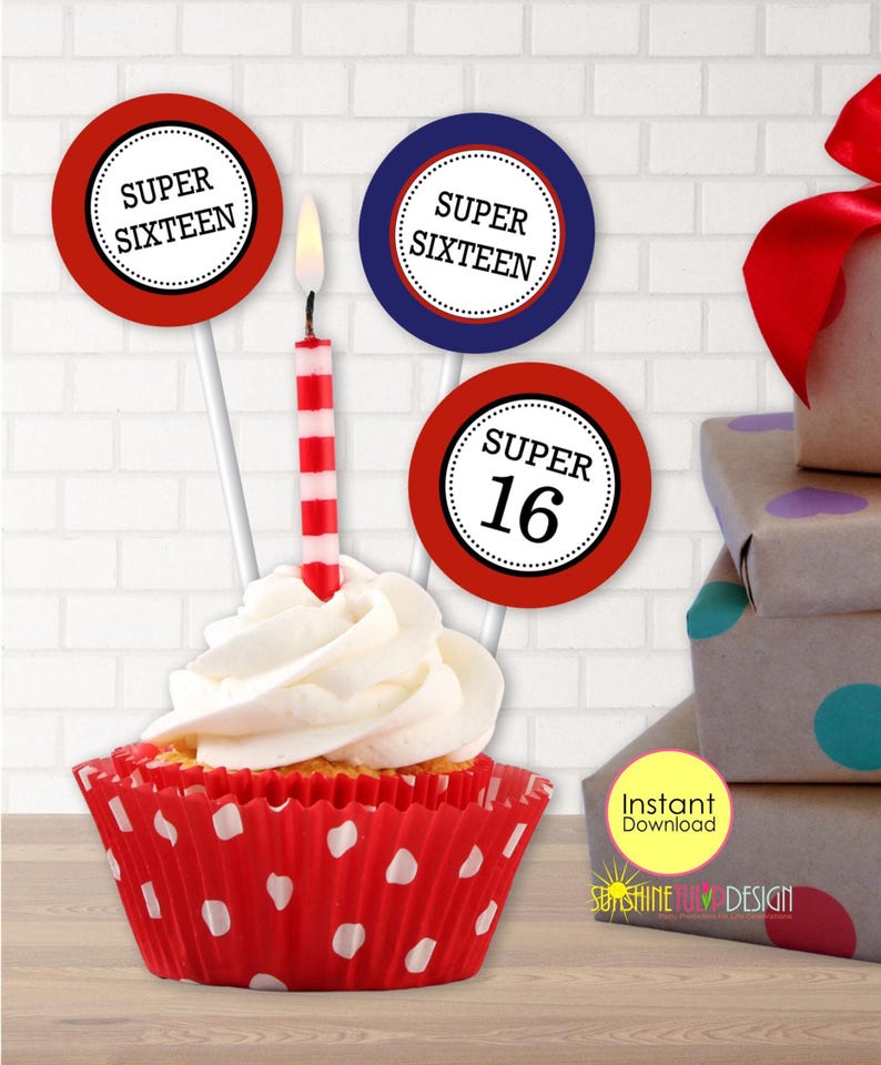 Printable Super 16 Birthday | Printable Red and Blue Cupcake Toppers ...