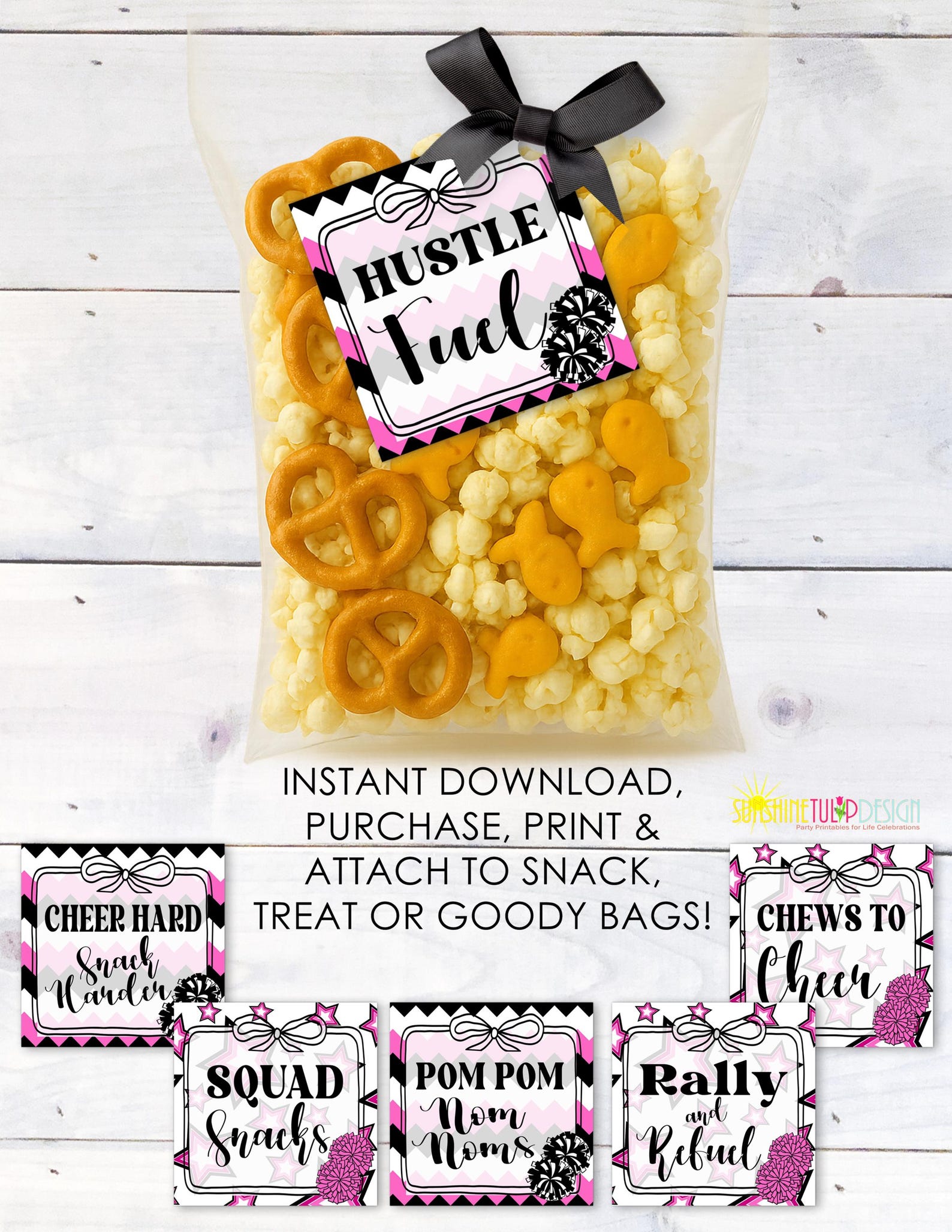 Printable Cheer Squad Snack Tag, Pink & Black Cheer Favor Gift Tags ...