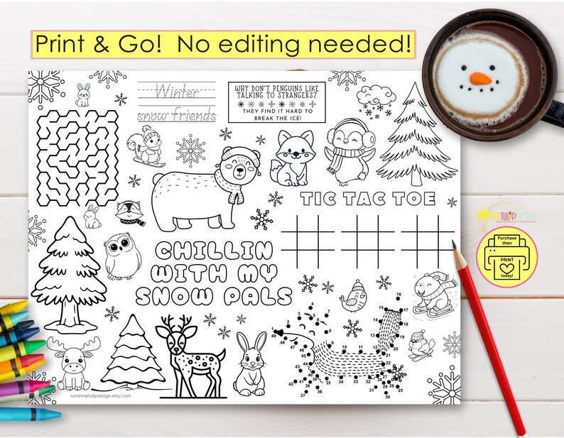 Winter Activity Placemat Bundle for Kids | 4 Printable Coloring & Games ...