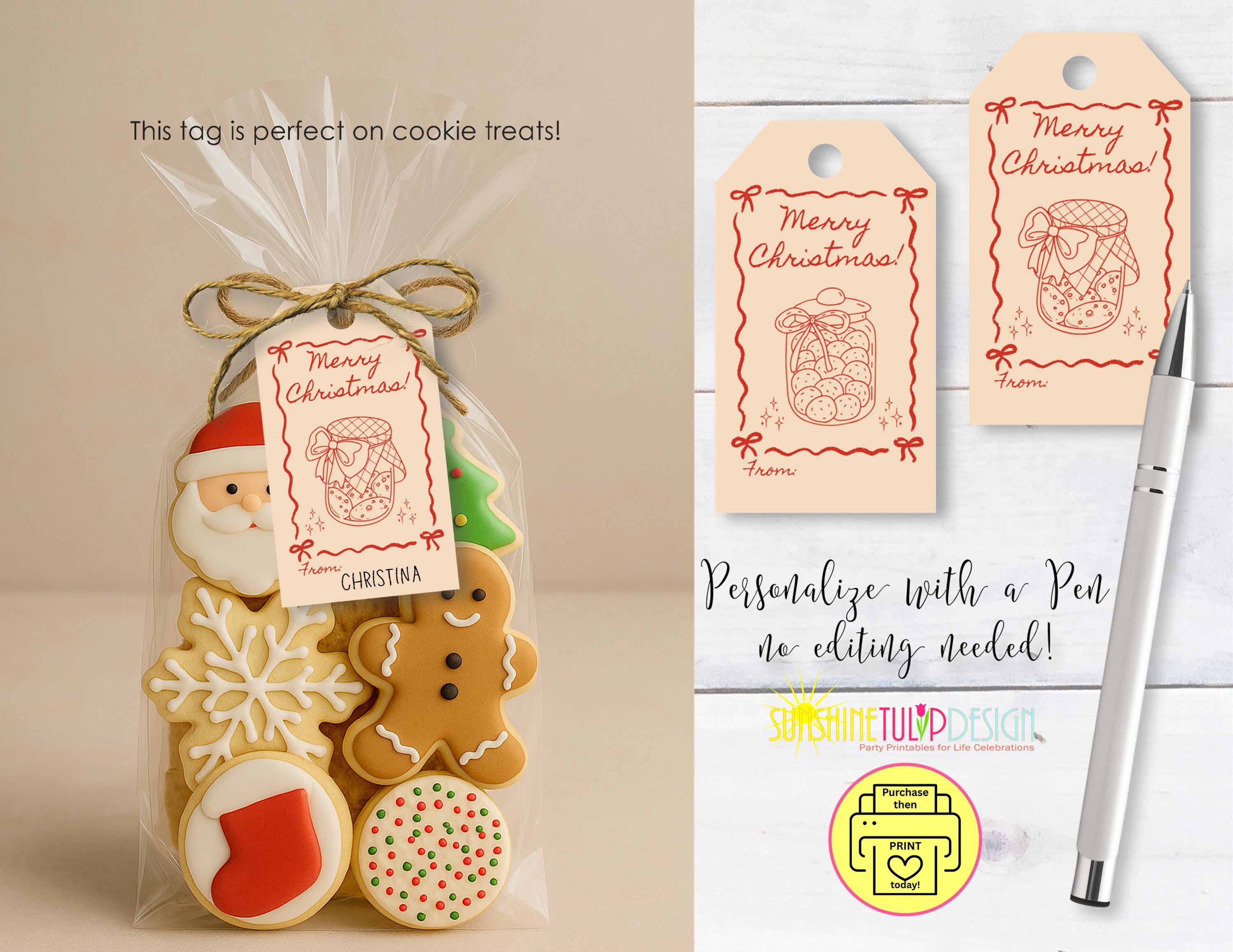 Printable Cookie Gift Tags, Red Bow Christmas Gift Tags, Hand Drawn ...