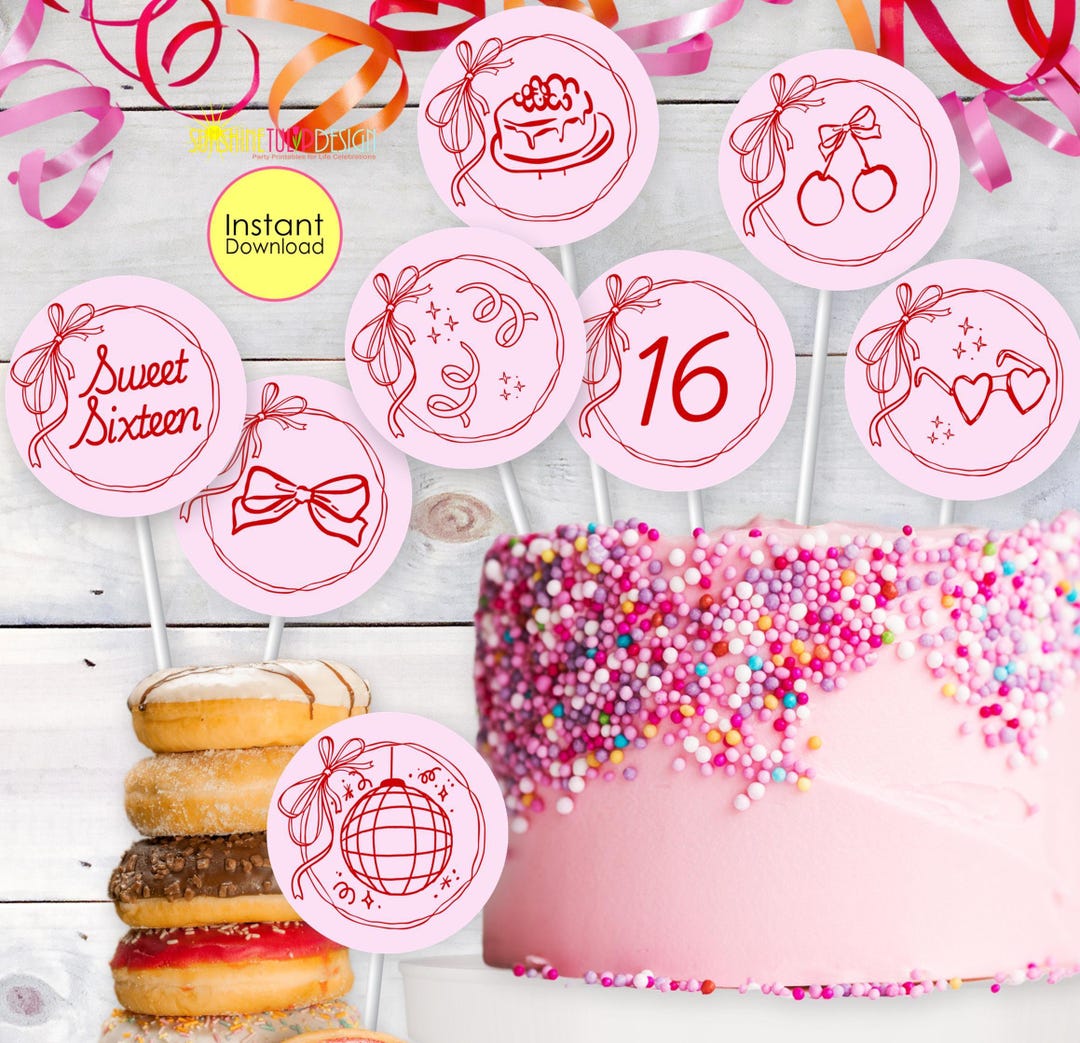 Printable Sweet 16 Cupcake Toppers | Sweet Sixteen Party Favor Tag ...