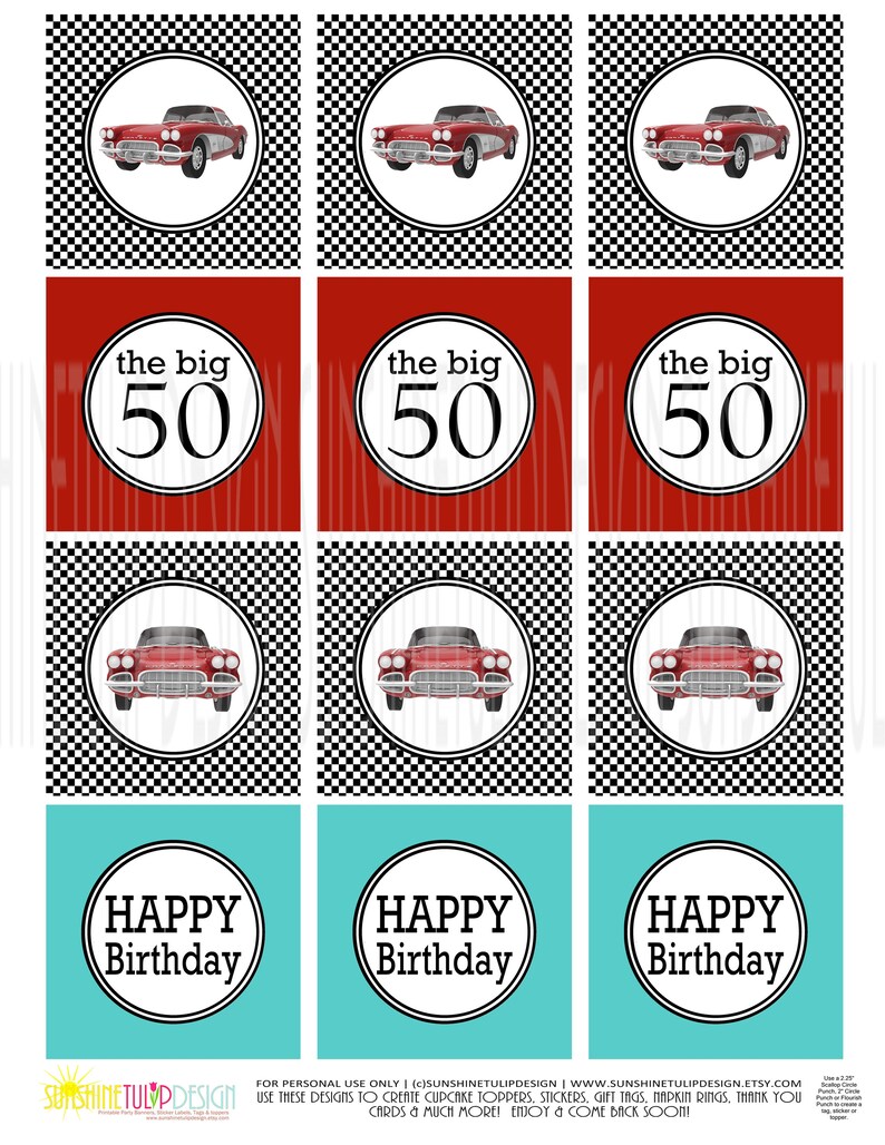 Printable 50th Birthday Fast Cars Cupcake Toppers 50th | Etsy