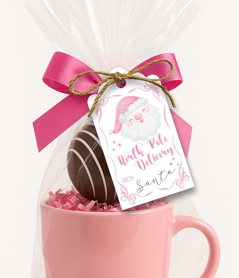Printable Pink Bow Gift Tags, Pink Christmas Gift Tags, Cookie Santa ...