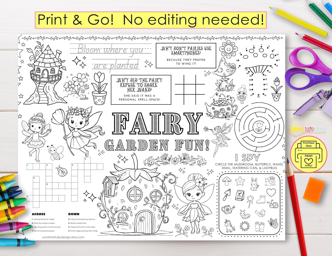 Fairy Garden Activity Placemat Printable | Spring Fairy Coloring Page ...