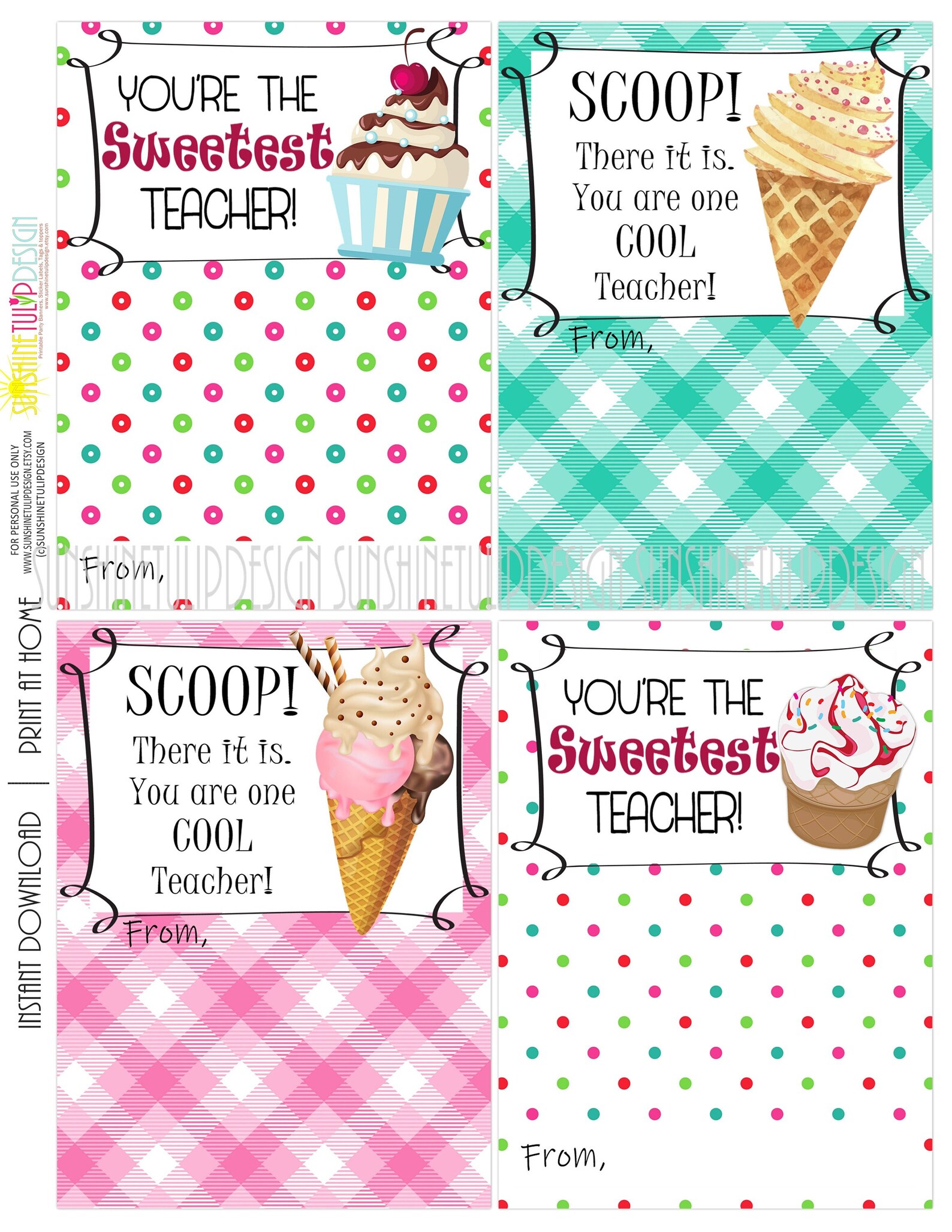 Teacher Appreciation Printable Tags, Printable Ice Cream Gift Card Tags ...
