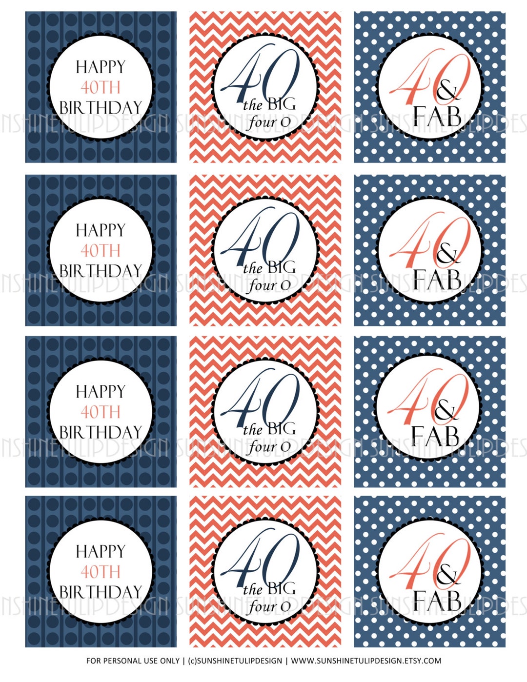 40th Birthday Printable Cupcake Toppers Sticker Labels and Gift Tags by ...