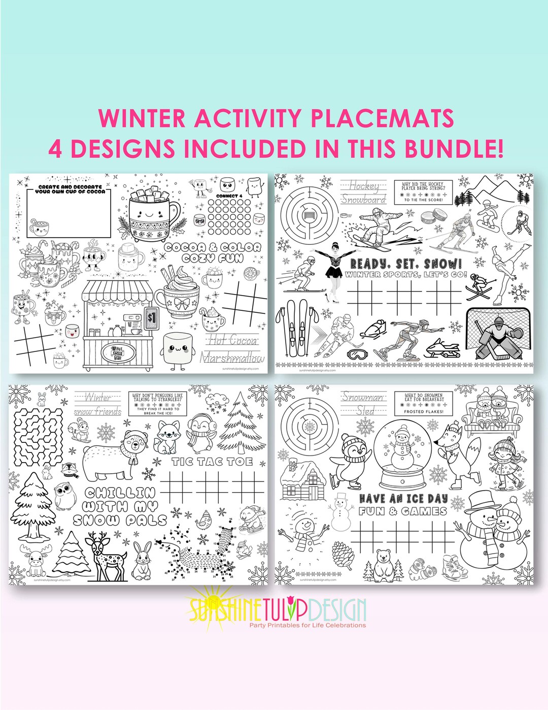 Winter Activity Placemat Bundle for Kids | 4 Printable Coloring & Games ...