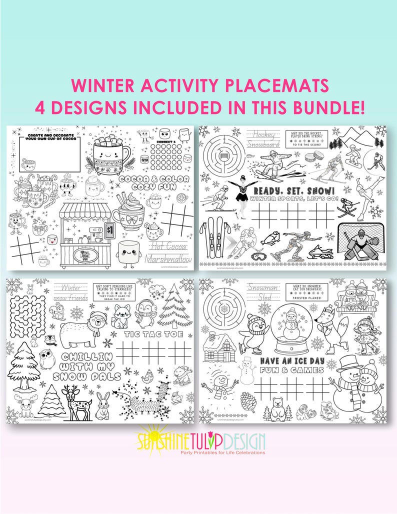 Winter Activity Placemat Bundle for Kids | 4 Printable Coloring & Games ...
