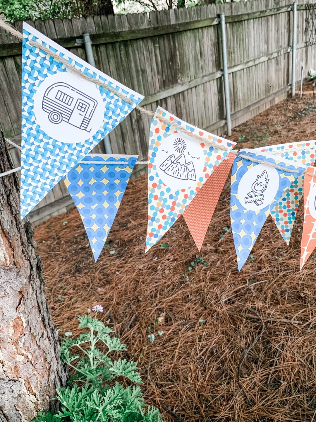 Printable Retro Camping Banner, Plain Retro Glamping Pennant Banner by ...