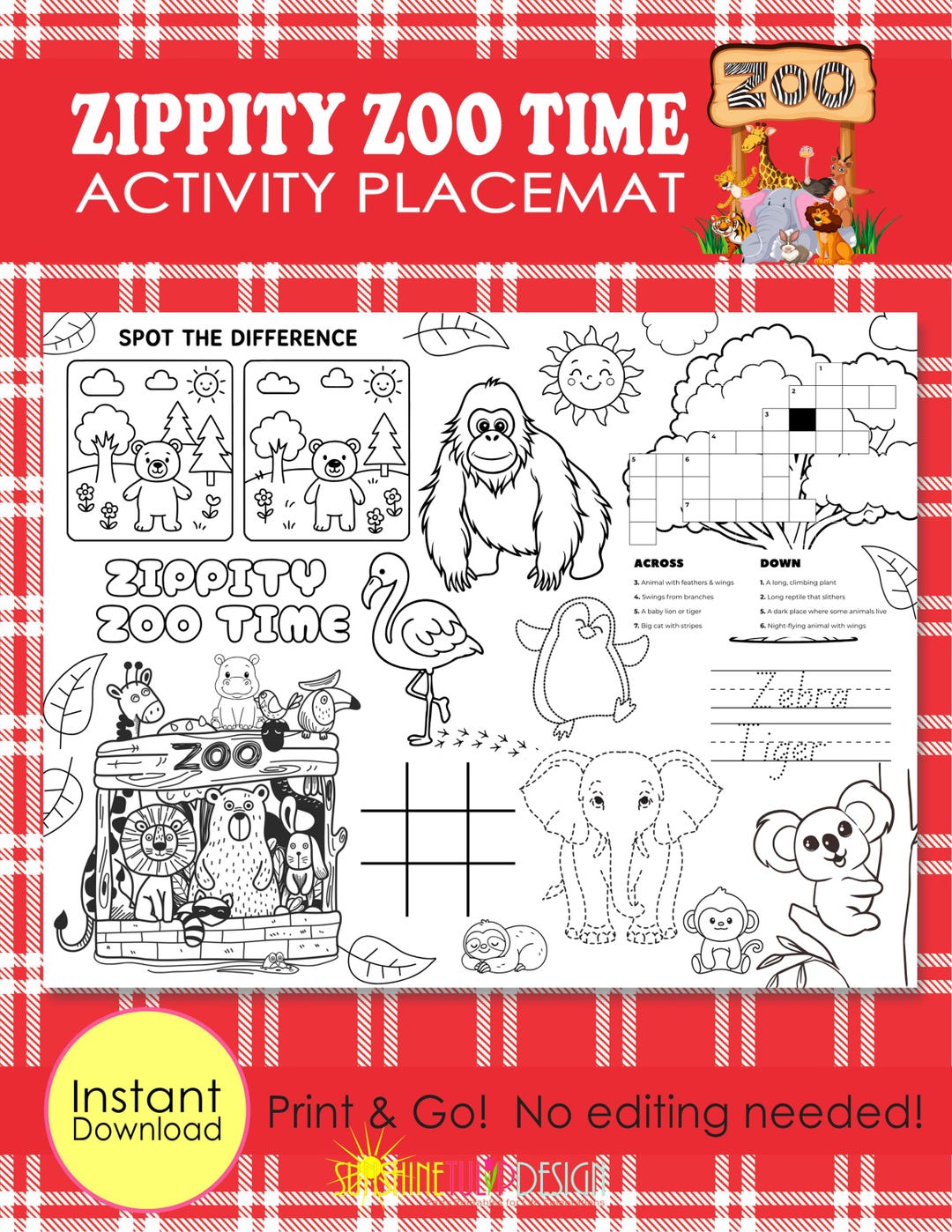Printable Activity Placemat | Zoo Coloring Placemat | Dinner Table ZOO ...