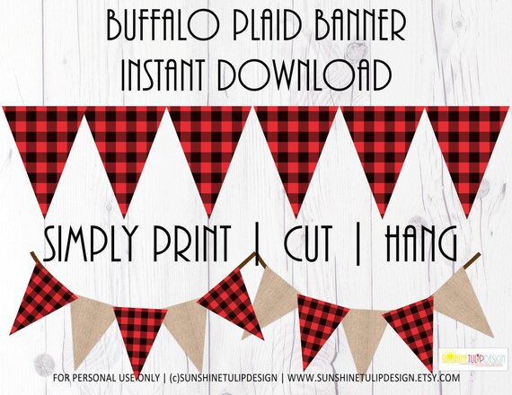 Printable Buffalo Plaid Banner, Plain Red and Black Buffalo Check ...