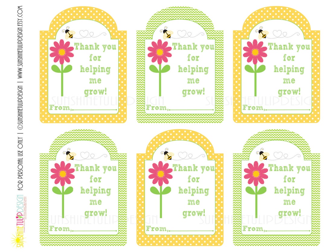 Printable Teacher Appreciation Gift Tags, Thank You for Helping Me Grow ...
