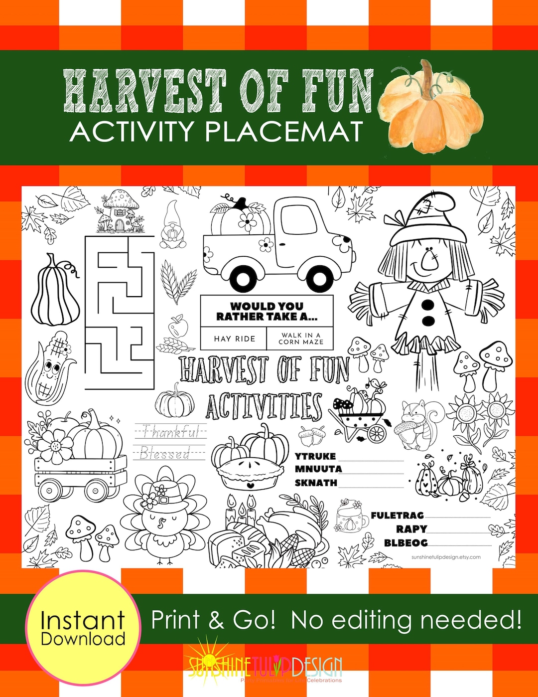Printable Activity Placemat | Harvest Fall Coloring Placemat | Dinner ...