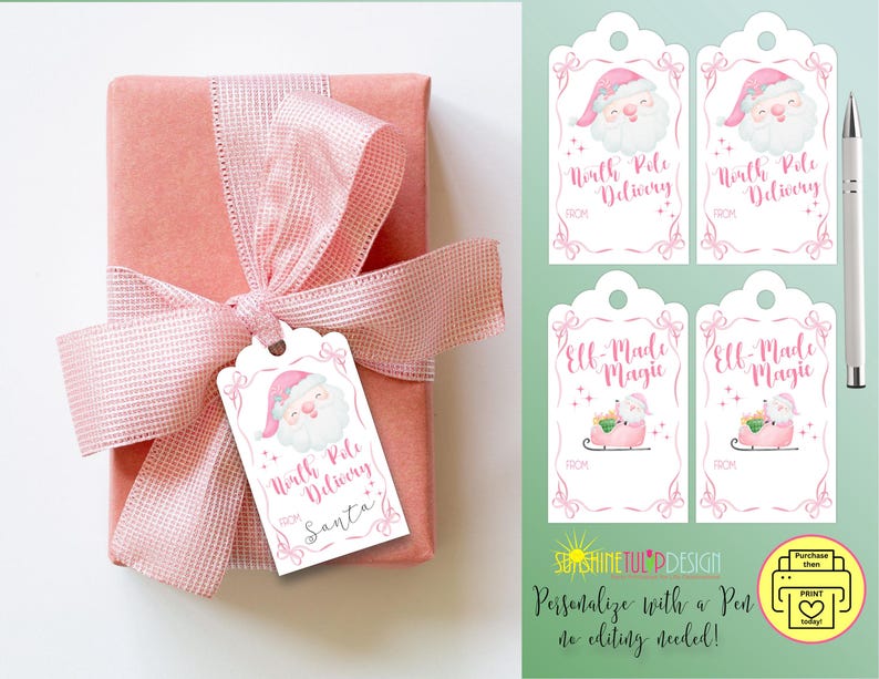 Printable Pink Bow Gift Tags, Pink Christmas Gift Tags, Cookie Santa ...