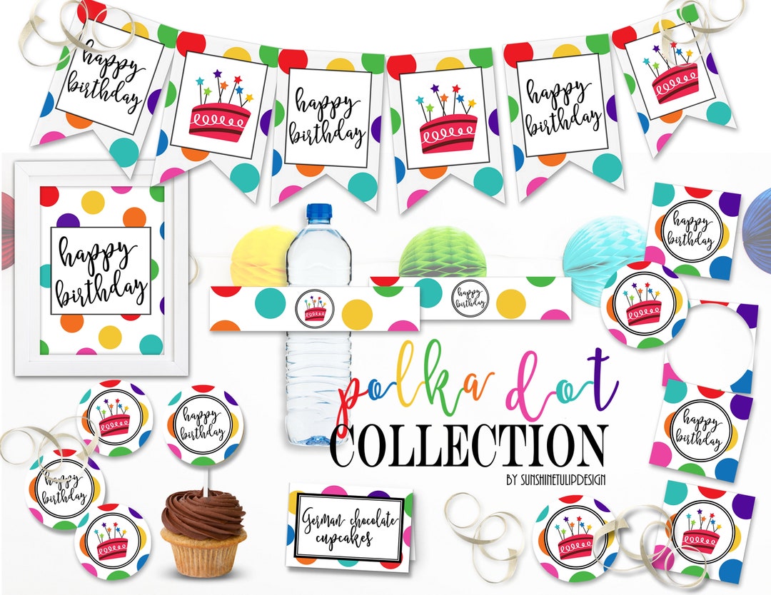 Printable Polka Dot Birthday Collection, Printable Rainbow Polka Dot ...