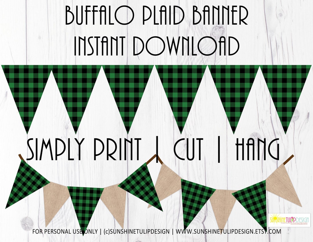 Printable Buffalo Plaid Banner, Plain Green and Black Buffalo Check ...
