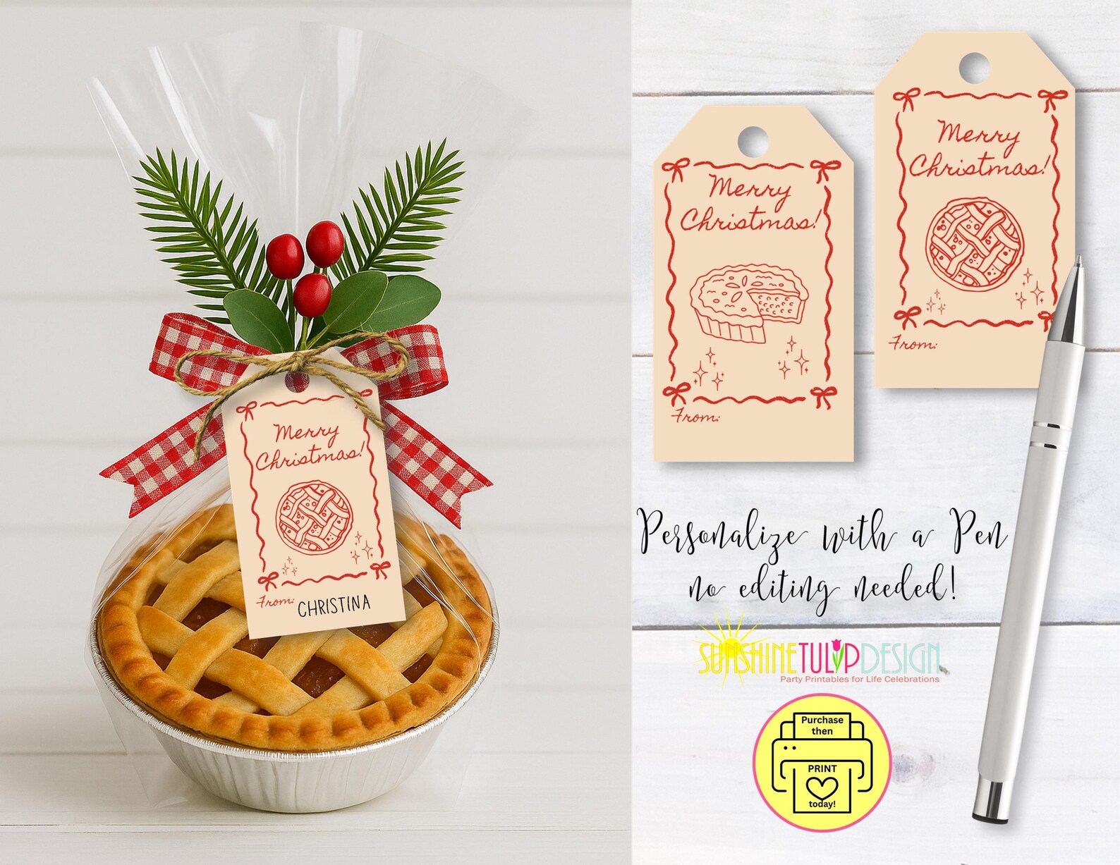 Printable Christmas Gift Tags, Pie Gift Tag, Baked Goods Christmas Tag ...