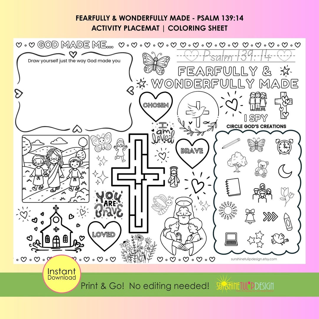 Fearfully and Wonderfully Made Activity Placemat | Psalm 139:14 ...