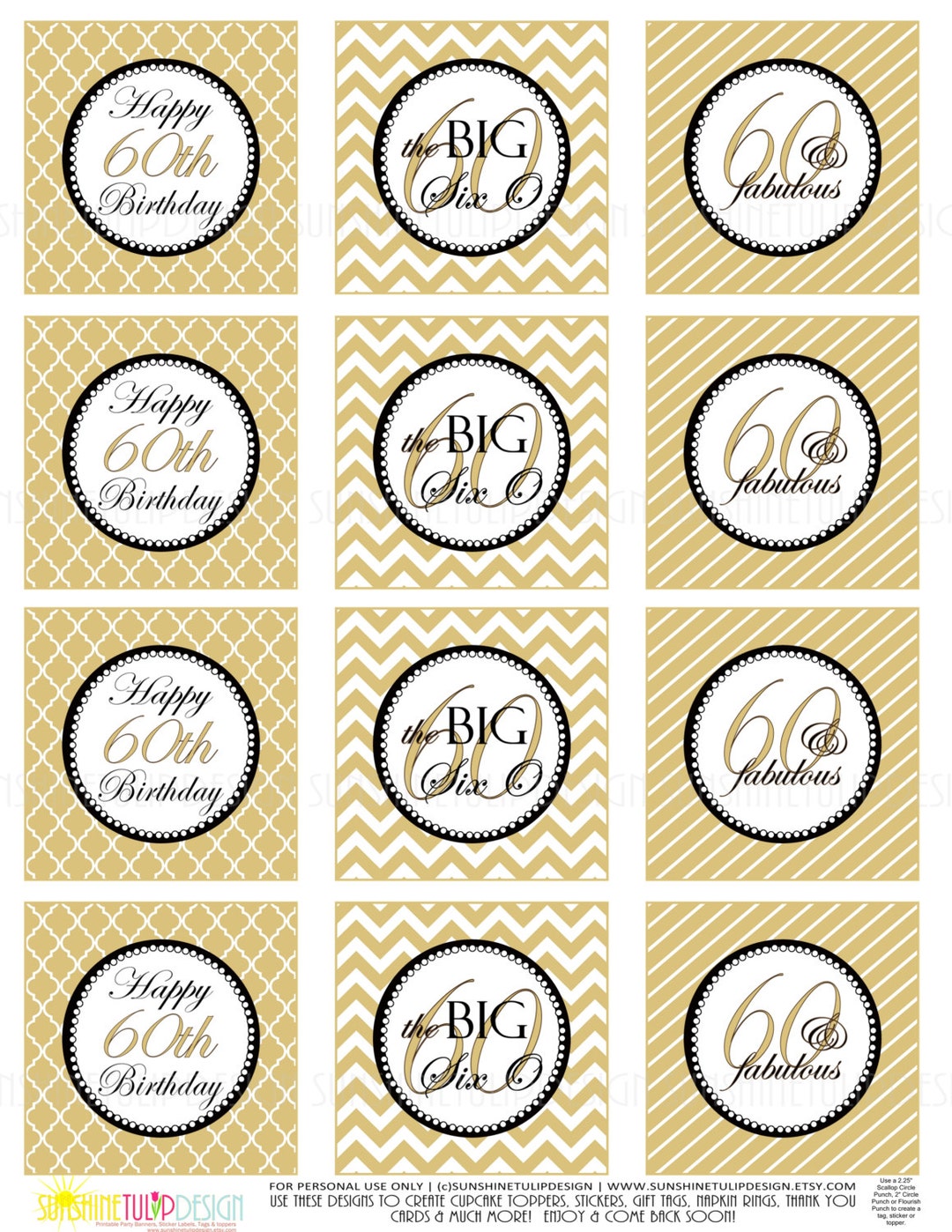 Printable 60th Birthday Cupcake Toppers | 60th Birthday Gift Tags ...