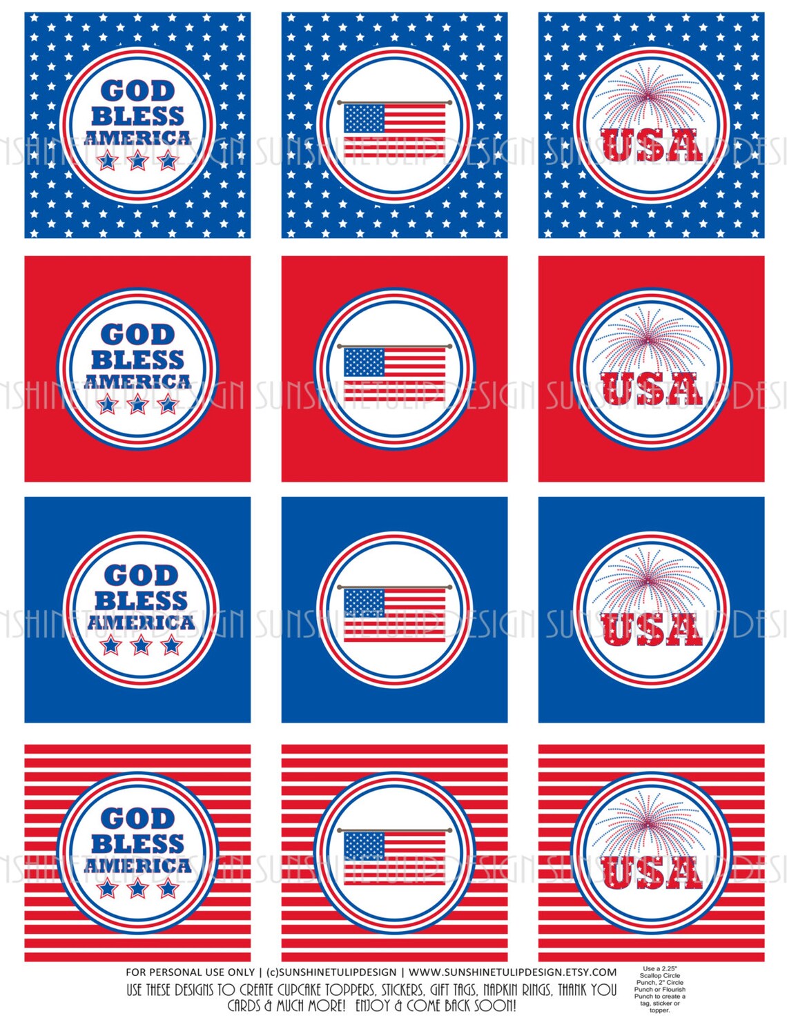 Memorial Day July 4th Patriotic Printable Cupcake Toppers | Etsy